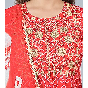Vrnda Women's Cotton Straight Bandhej Printed kurta With Yoke Embroidery Red Kurti with White Pant and printed Dupatta Set (L)