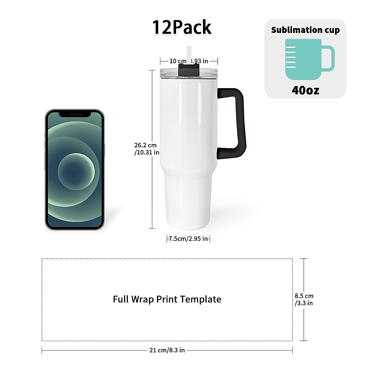 Icesip 40 oz Sublimation Tumblers with Black Handle Lid and Straw 12 Pack Stainless Steel Double Wall Vacuum Insulated Travel Mug Cup Bulk Sublimation Blank for DIY Gift