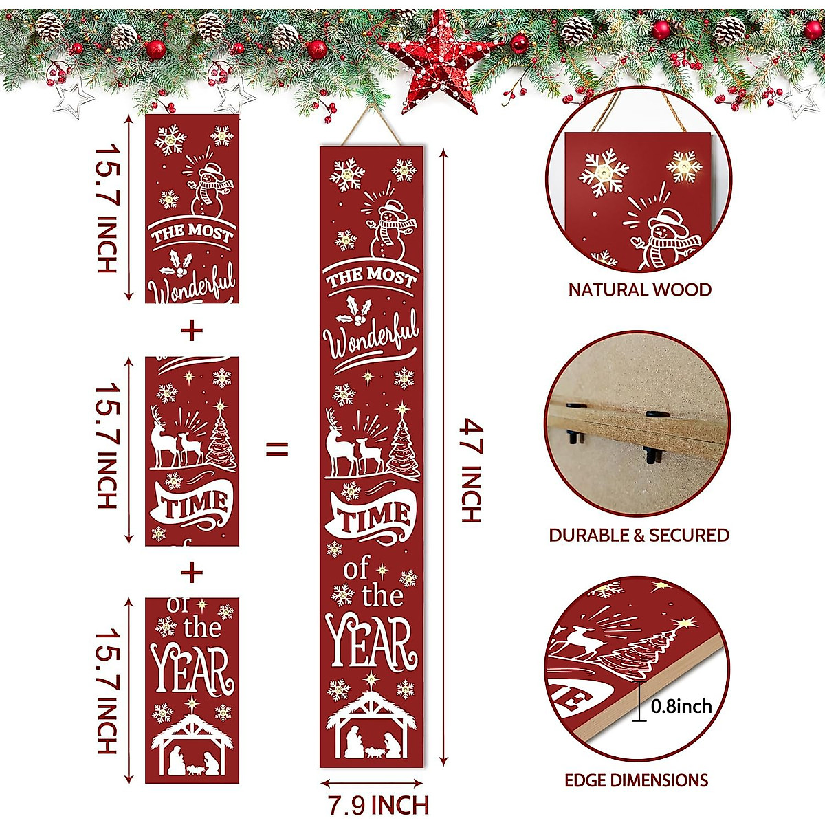 Lighted Wooden Welcome Sign, Merry Christmas Snowflake Elk Porch Sign for Front Door Decorations, Rustic Farmhouse Red Xmas Hanging Signs Wall Sign for Christmas Happy New Year Decor 47.2"H