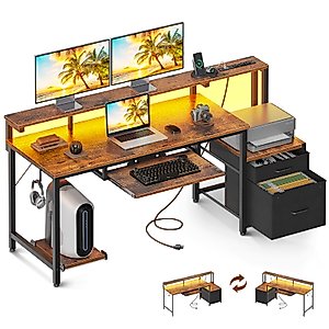 AODK 63-Inch Computer Desk with Power Outlet & LED Light, Reversible Office Desk with File Cabinet and Drawer, Gaming Desk with Keyboard Tray, Study Table with Full Monitor Riser and PC Stand, Vintage