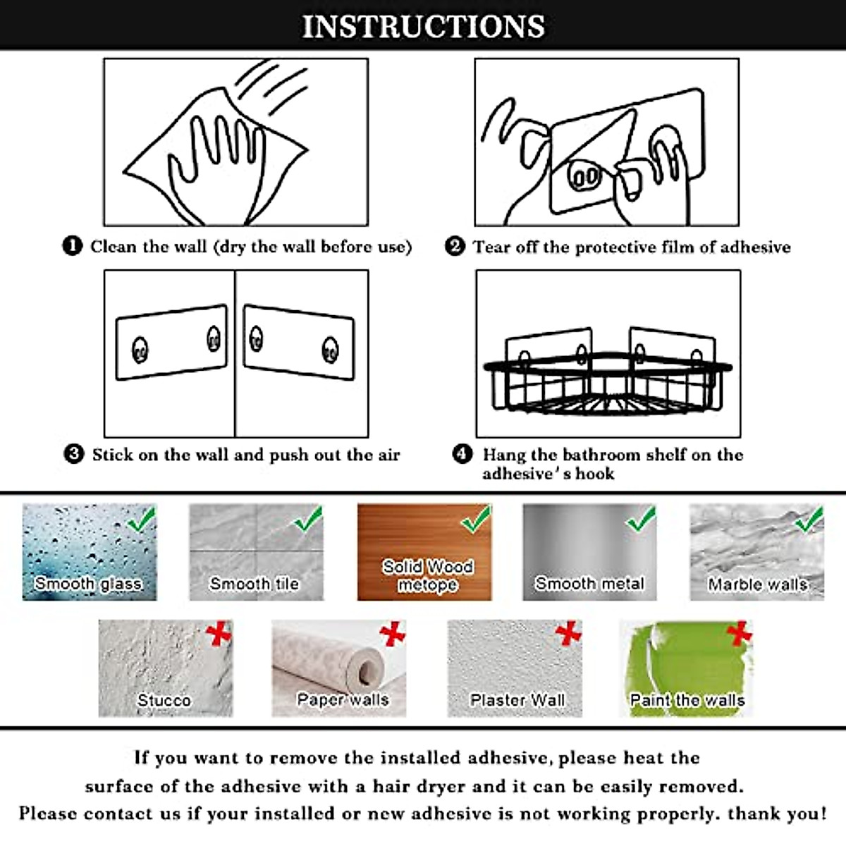 Dehyber 2-Pack Adhesive Corner Shower Caddy with 2 Hooks,No Drilling Rustproof Stainless Steel Wall Mounted Shelf for Bathroom Kitchen Storage Organizer,Chrome