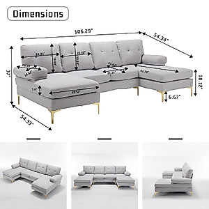 RXRRXY Modern 106'' U Shaped Sectional Couch, Oversized 4 Seater Sofa with Double Chaise, Sleeper Sofa with Chenille Fabric and Sturdy Metal Legs for Bedroom, Living Room, Apartment (Gray)
