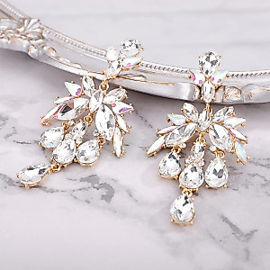 Xerling White Rhinestones Chandelier Tassel Drop Earrings for Women Statement Teardrop Iridescent Crystal Stud Earrings for Wedding Bling Bridal Earrings Dangling (White)