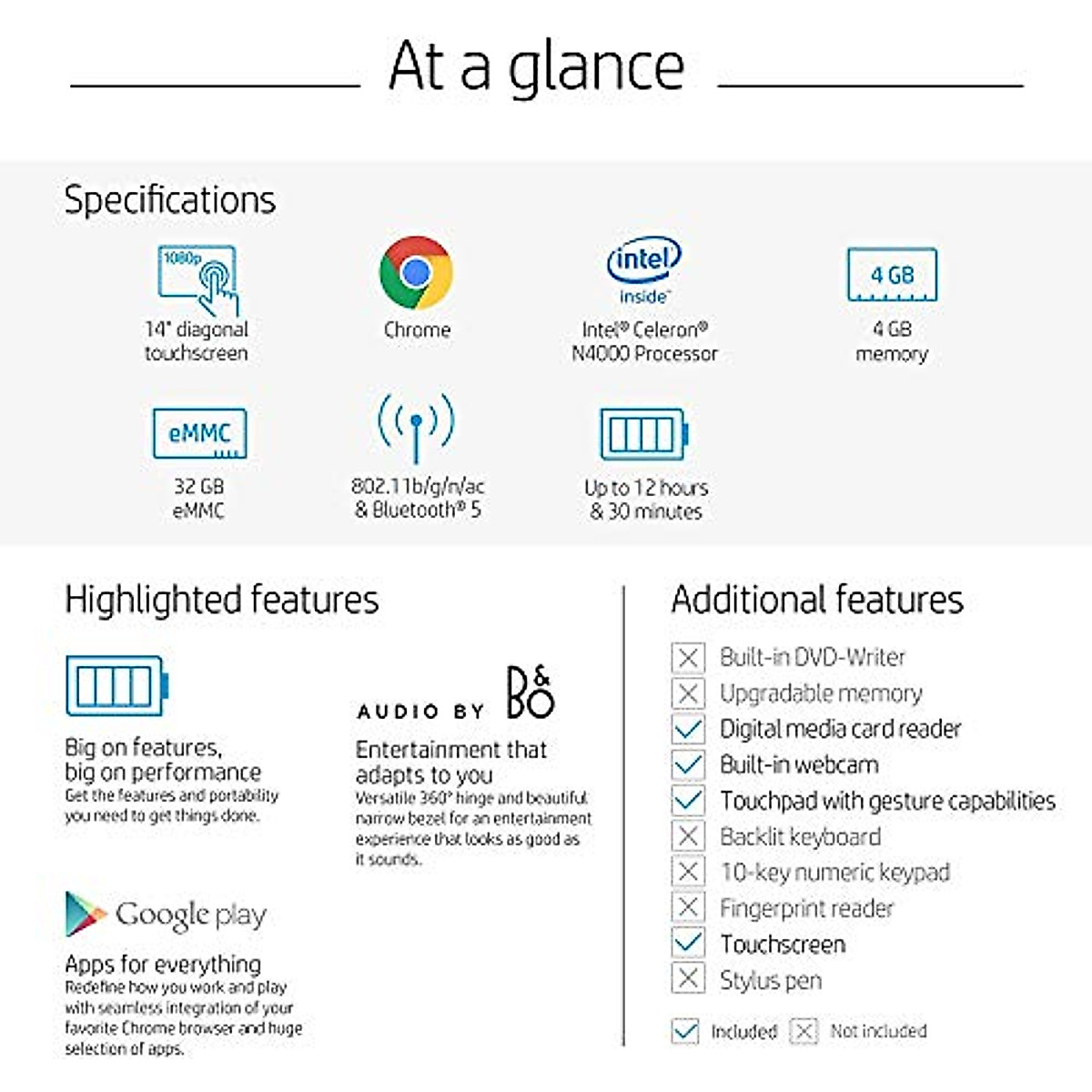 HP Chromebook X360 2-in-1 14.0” HD (1366 x 768) Touch-Screen Portable Laptop, Intel Celeron Processor N4000, Webcam, USB-C, Chrome OS, 4GB Memory, 32GB eMMC Flash Memory (W/Woov Micro SD 128GB)
