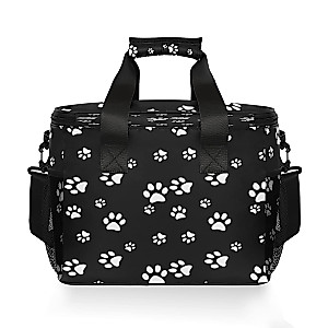 AUUXVA Cooler Bag Large Camping Cooler Tote White Puppy Paw Print Black Lunch Cooler Bag Insulated Waterproof Lunch Box for Picnic Beach Travel, Reusable Leakproof