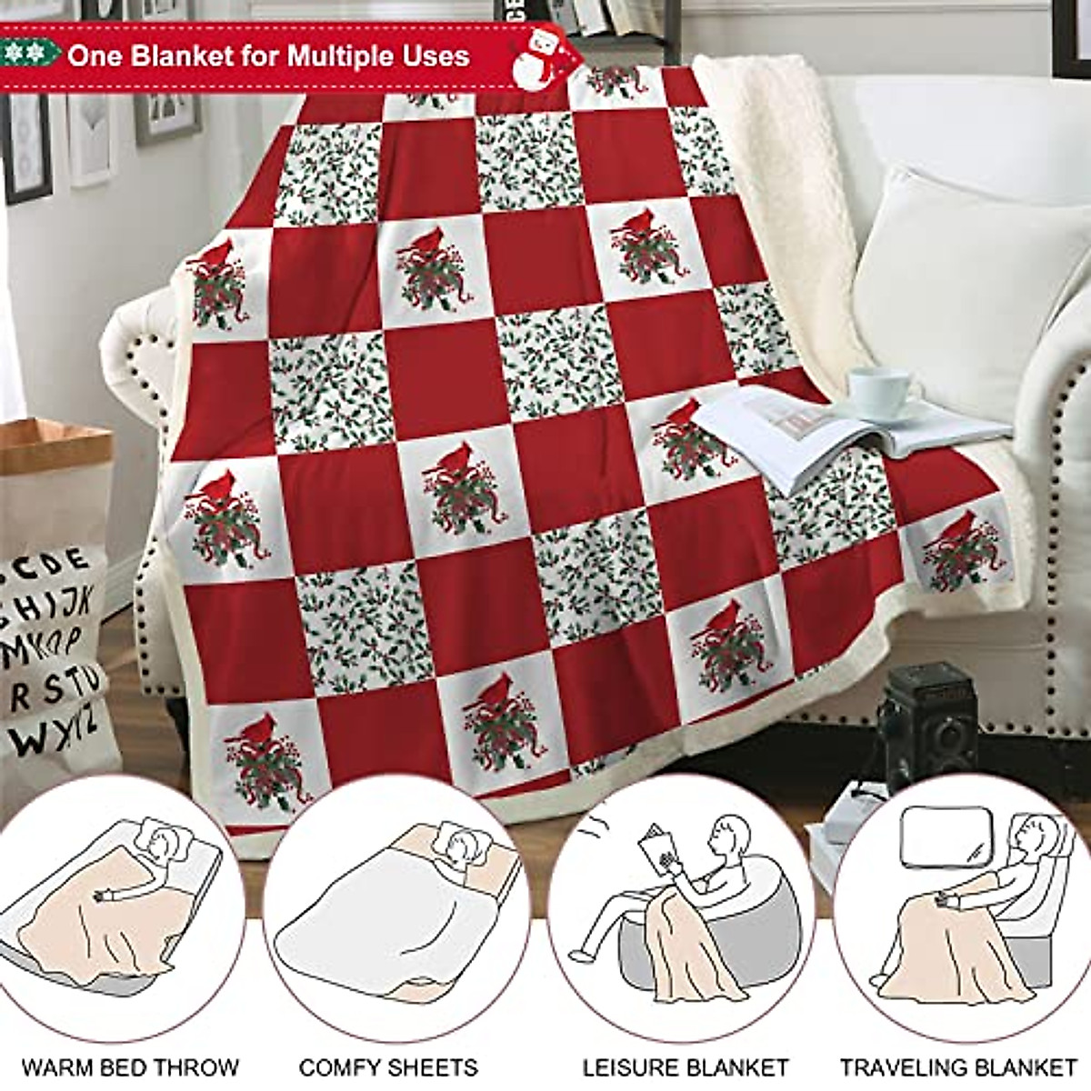 Christmas Sherpa Fleece Twin Size Blanket, Cardinals Birds Stitching Plaid Fuzzy Soft Lightweight Breathable Bed Sofa TV Couch Blanket - 60'x80'