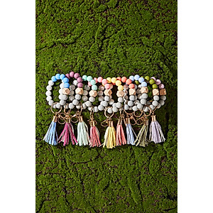 FindFun Women Silicone Beads Key Ring Chain Wristlet Keychain Bracelet Leather Tassel Bangle（Blue）