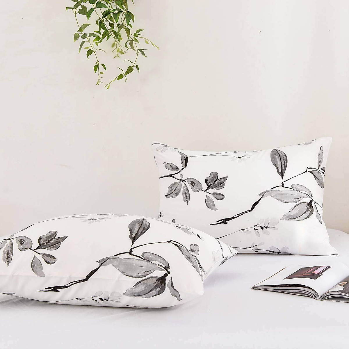 NANKO Queen Pillow Case Set (2 Pack), White Floral Printed Pattern Pillowcases/Pillow Shams for Modern Duvet Cover/Bed Sheets Set- 20x30 inch Standard, Grey Flower Leaf