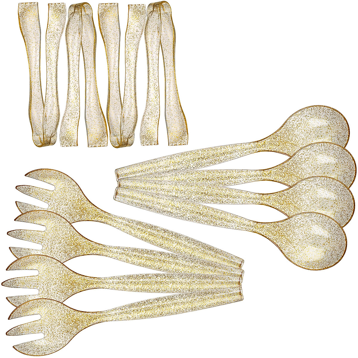 Plastic Serving Utensils, Heavy Duty Disposable utensil,12 Pack, Four 10” Spoons and Forks, Four 6-1/2” Tongs, Gold