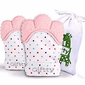 Giftty Baby Teething Mitten, Self-Soothing Teether Glove, Pain Relief Silicone Mitt, Double Breathable, Stay on Baby's Hand, Unisex for Babies 3-12 Months(2 Pink Mittens)