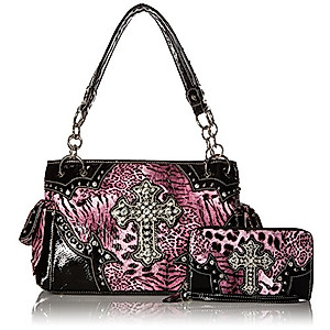 Western Cross Leopard Handbag Rhinestone Pocket Purse With Matching Wallet (PINK)