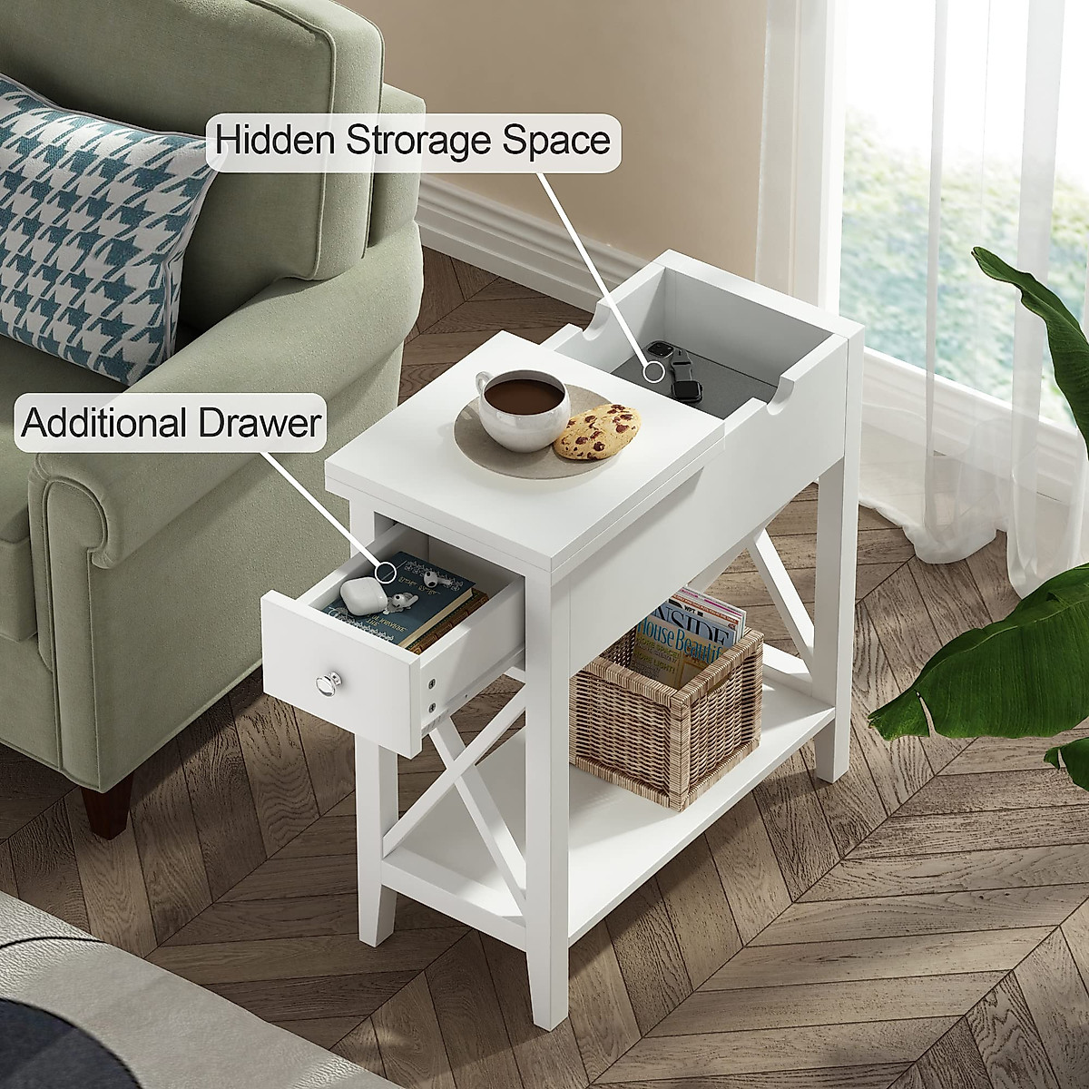 ChooChoo End Table, MDF Material Flip Top Narrow End Table with Drawer, Accent Small Side Table Nightstand for Living Room, Bedroom, and Small Spaces - White
