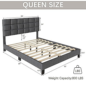 Fluest Queen Bed Frame Upholstered Bed Frame Platform with Adjustable Headboard Linen Fabric Tufted Headboard Wooden Slats Support, No Box Spring Needed, Easy Assembly, Mattress Foundation, Dark Grey