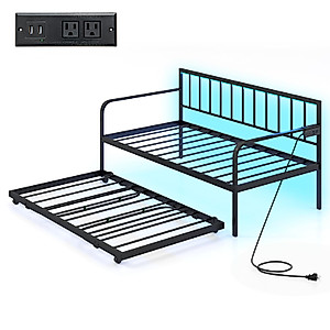 Giantex Twin Daybed with Trundle, Metal Day Bed with Charging Station & LED Lights, Sofa Bed Frame with Pop up Trundle, Metal Slats Support, Trundle Bed Twin for Living Room, Guest Room, Black