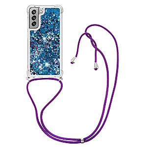 Asuwish Phone Case for Samsung Galaxy S21 FE 5G with Screen Protector and Crossbody Strap Bling Liquid Glitter Clear Slim Protective Cell Cover S 21 EF S21FE5G UW S21FE 21S G5 6.4 inch Women Blue