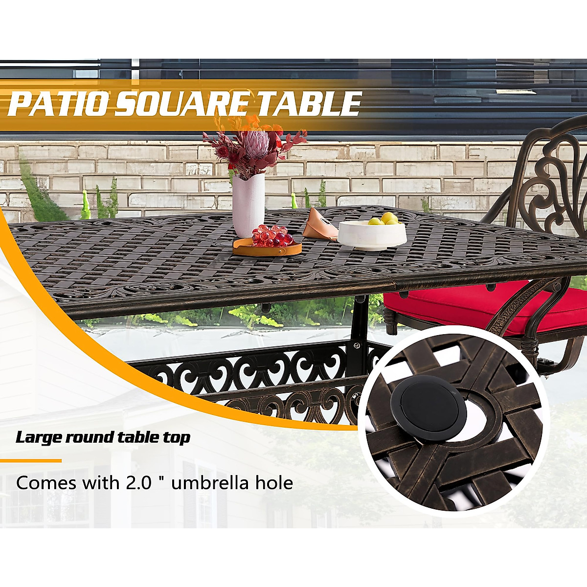 TITIMO Cast Aluminum 7-Piece Patio Dining Set with Cast-Top Table and Flower Swivel Rockers Chairs with Cushions, Outdoor Furniture Set for Backyard Porch Pool (Red)