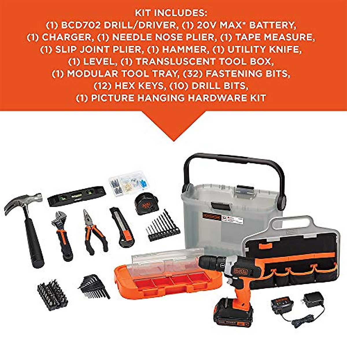 BLACK+DECKER 20V MAX Drill with Home Tool Kit, 66-Piece (BCKSB62C1)