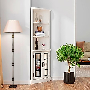 AMERLIFE Curved Corner Storage Cabinet, 65'' Tall Freestanding Bookcase with Glass Doors & Adjustable Shelves, 5-Tier Corner Display Cabinet for Living Room, Distressed White (CSC128B)