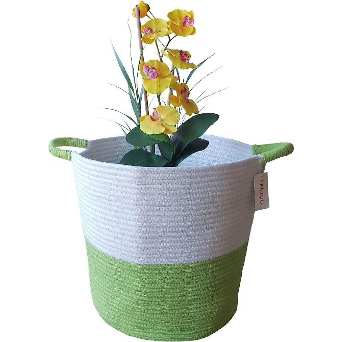 Apajou Large Cotton Rope Basket (12.5” x 16” x 15”) - Round Woven Storage Organizer Baby Basket Bin with Sturdy Handles - for Blankets, Toys, Laundry, Nursery, and More