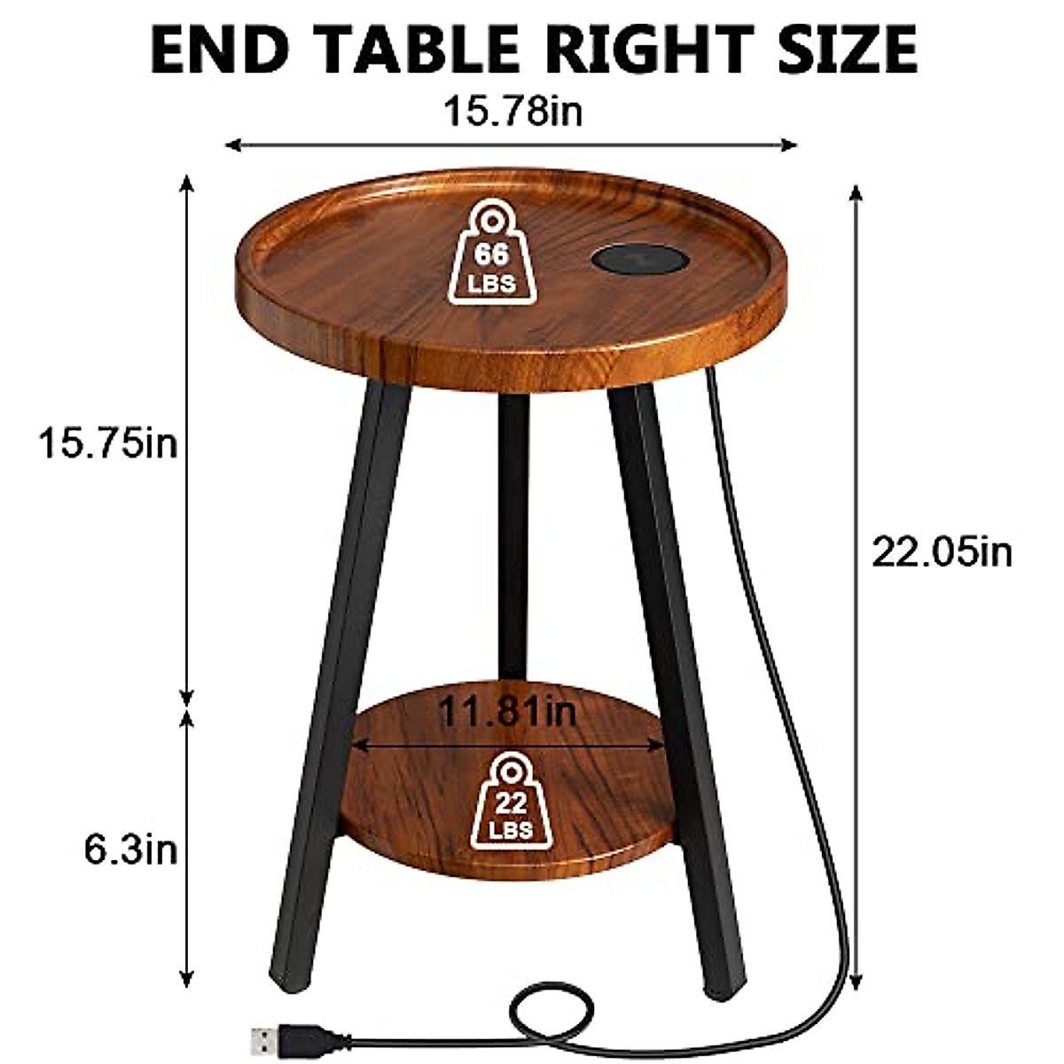 Hadulcet Small End Table with Charging Station, Small Side Table for Small Spaces, Small Nightstand Bedside Table, Small Round Side Tables Bedroom, Small Round End Tables Living Room, Small Table
