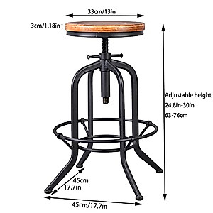 Lisuden Industrial Farmhouse Bar Stools Set of 2, Black Metal Base, Wood Seat, Adjustable Height 24.8-30"