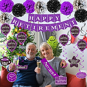 Retirement Decorations Women Purple Happy Retirement Party Decorations Female (52pack) Happy Retirement Banner Gifts, Retirement Decor Double-Sided Pattern Card, Pompoms Hanging Swirl Retired Sash Set
