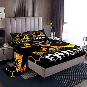 Motorbike Kids Sheet King Size,Motorcycle Extreme Sports Bedding Set,Girls Boys Adults Bedroom Decor,Geometric Honeycomb Hexagon Yellow Fashion Bed Sheet Set 4pcs(Fitted + Flat + 2 Pillowcases)