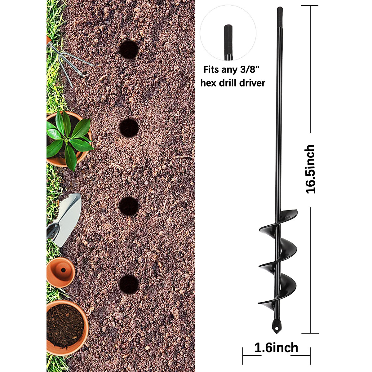 SYITCUN Auger Drill Bit for Planting - 1.6"x16.5" + 3.5"x16" Heavy-Duty Spiral Drill Bits for Planting Bulbs - Auger Post Hole Digger and Soil Auger for Beach - Compatible with 3/8" Hex Drive Drill