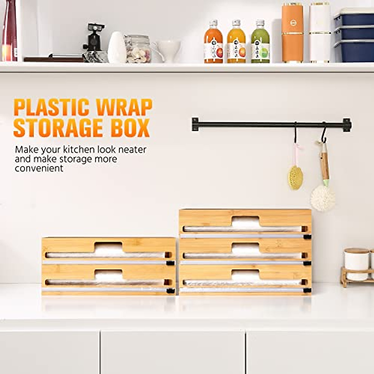 2 in 1 Foil and Plastic Wrap Organizer, Bamboo Packaging Dispenser with Cutter for Kitchen Foil, Plastic Wrap Organizer, Compatible with 12" Rolls