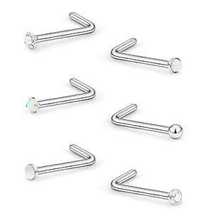 Lcolyoli 22G Stainless Steel Nose Rings L Shaped Stud Piercing Jewelry for Women 1.5mm CZ Opal Ball Inlaid