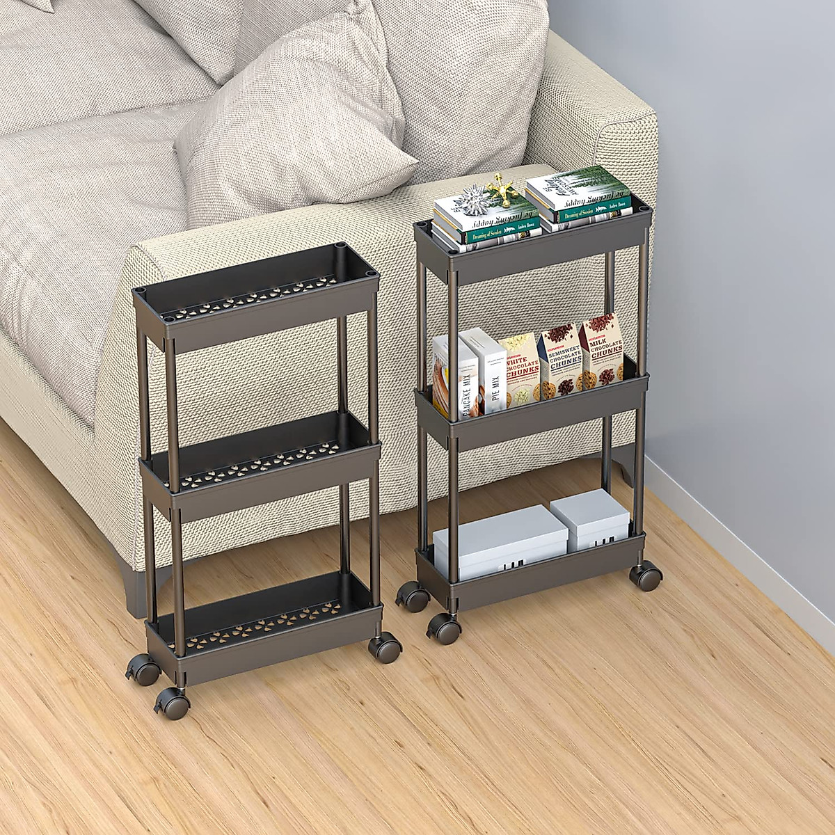 Sooyee 3 Tier Rolling Cart with Wheels,Slim Storage Cart,Narrow Storage Cabinet,Under Desk Storage,Rolling Utility Cart Storage Organizer for Office Bathroom Kitchen Laundry Room Narrow Places, Black