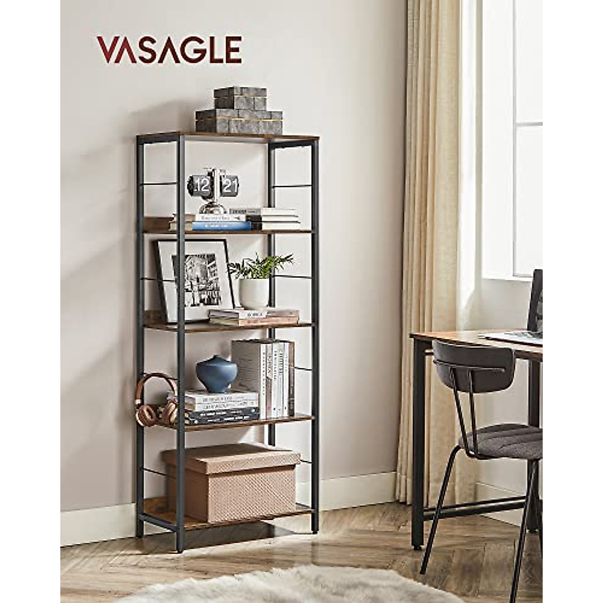 VASAGLE 5-Tier Bookshelf, Bookcase for Office, 11.8 x 23.6 x 56.7 Inches, Shelving Unit, with Back Panels, Industrial Style, for Living Room, Study, Home Office, Rustic Brown and Black ULLS117B01
