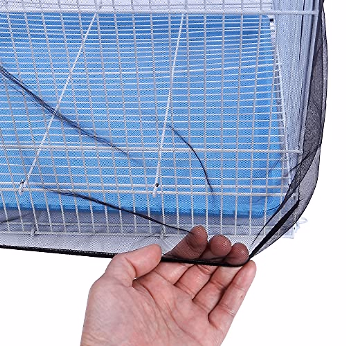 Filhome 2 Pieces Adjustable Bird Cage Cover, Birdcage Seed Catcher Nylon Mesh Net Cover, Soft Airy Cage Net Stretchy Skirt Guard for Parrot Parakeet Macaw Round Square Cage (Black/M)