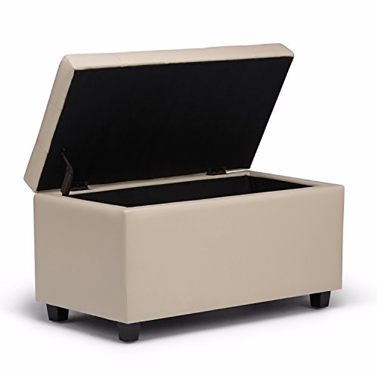 SIMPLIHOME Cosmopolitan 34 Inch Wide Transitional Rectangle Storage Ottoman in Satin Cream Vegan Faux Leather, For the Living Room, Entryway and Family Room