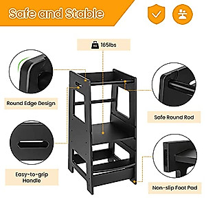 LUSIMO Toddler Step Stool Nursery Standing Tower Wooden Kids Step Stool with Safety Rail Height Adjustable Toddler Learning Tower with Anti-Slip Protection Support Up to 165lbs Black