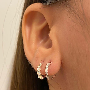 Handmade Gold Single 10MM Cartilgae Helix Piercing Hoop Earring with Trio Blue&White Opal, Gold Plated over Sterling Silver Very Small Thin 22Gauge Hoop for women, By Miya Jewelry Creations