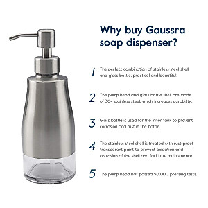 Gaussra Soap Dispenser with Non-Slip Coaster，Brushed Nickel Stainless Steel Case Glass Liner Hand Pump Dispenser，Refillable Liquid Hand Soap Dispenser for Bathroom & Kitchen (11OZ / 320ML)