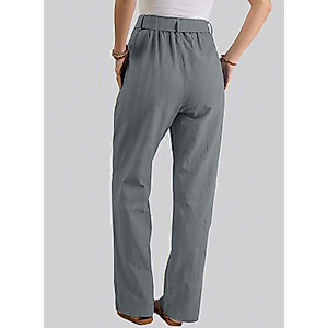EVALESS Casual High Waisted Straight Leg Linen Palazzo Pants for Women Casual Solid Color Tie Comfy Trousers with Pockets Grey Large