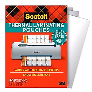 Scotch Dry Erase Thermal Laminating Pouches, 50-Pack, Works with Dry Erase Markers, Reuseable Worksheets, Calendars, Checklists, 8.9 x 11.4 Inches, Letter Size, Clear Professional Finish (TP3854-50DE)