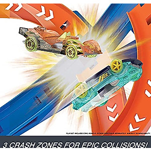 Hot Wheels Toy Car Track Set Spiral Speed Crash, Powered by Motorized Booster, 29-in Tall Track with 1:64 Scale Car
