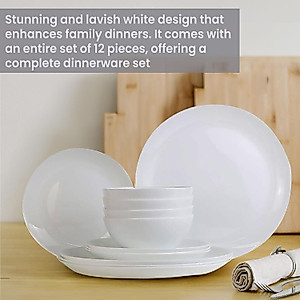 Blueniya 12 Piece Dinnerware Set, Bone China Dish, Round Kitchen, Microwave, Chip Resistant Dishwasher Safe Plates & Bowls Sets, Dinner Set W/Soup Bowls for Everday, Wedding & Thanksgiving (White)
