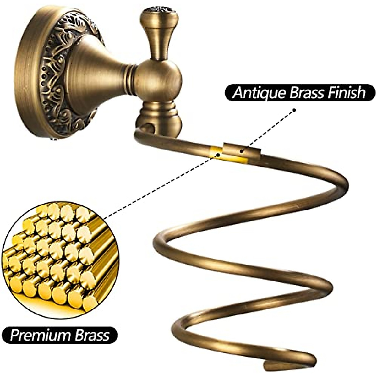 Leyden Antique Brass Hair Dryer Holder,Retro Blow Dryer Holder Hanger Rack Spiral Bathroom Accessories,Hair Care Tools Organizer Wall Mounted