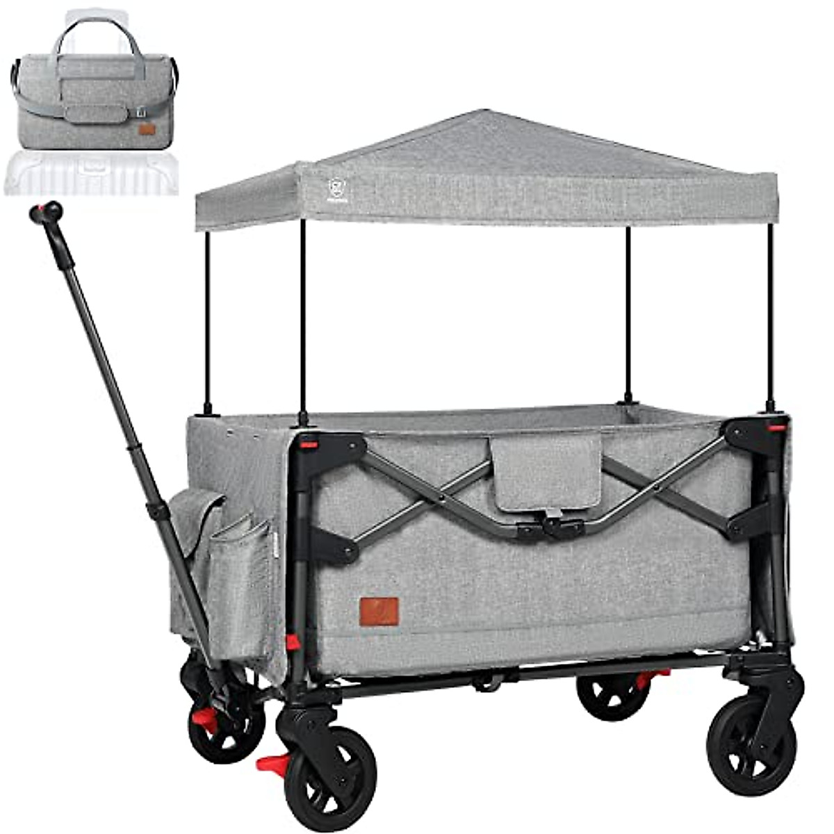 EVER ADVANCED Foldable into Bag Travel Wagon Stroller for 2 Kids & Cargo, Collapsible Toddler Wagon with Removable Canopy, Adjustable 5-Point Harness, Lightweight Carry-on Stroller for Airplane Grey