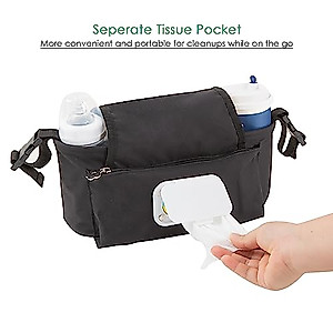 PATPAT Stroller Organizer with Cup Holders Universal Stroller Organizer Bag with Tissue Pocket,Zippered Mesh Pocket , Adjustable Shoulder Strap Fits for All, Black