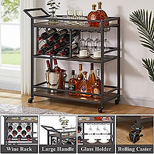 FATORRI Bar Carts for The Home with Wine Rack and Glasses Holder, Rustic Rolling Serving Cart on Wheels for Liquor and Alcohol, Wood and Metal Drink Cart and Beverage Cart (Walnut Brown)