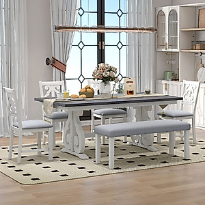 KoiHome Wooden, Farmhouse Rectangular Legs, 4 Carved Hollow Back and Bench for Home Room,Kitchen/Restaurant (Gray+White), 6-Piece Dining Table/Chairs Set