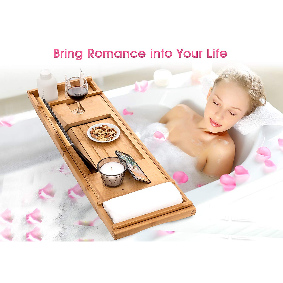 HBlife Bamboo Bathtub Caddy Tray with Extending Sides & Laptop Desk with Foldable Legs,Cellphone Tray and Wineglass Holder，Free Soap Holder (Natural)