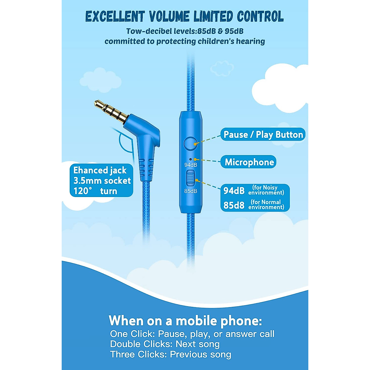 New bee Kids Headphones for School with Microphone KH20 HD Stereo Safe Volume Limited 85dB/94dB Foldable Lightweight On-Ear Headphone for PC/Mac/Android/Kindle/Tablet/Pad(Blue)