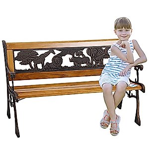 YYkokocat Childs Outdoor Garden Bench Patio Bench with Cast Iron Armrest, Small Outdoor Bench Furniture Animals Kids Child's Bench, Little Bench for Patio Yard Park Porch