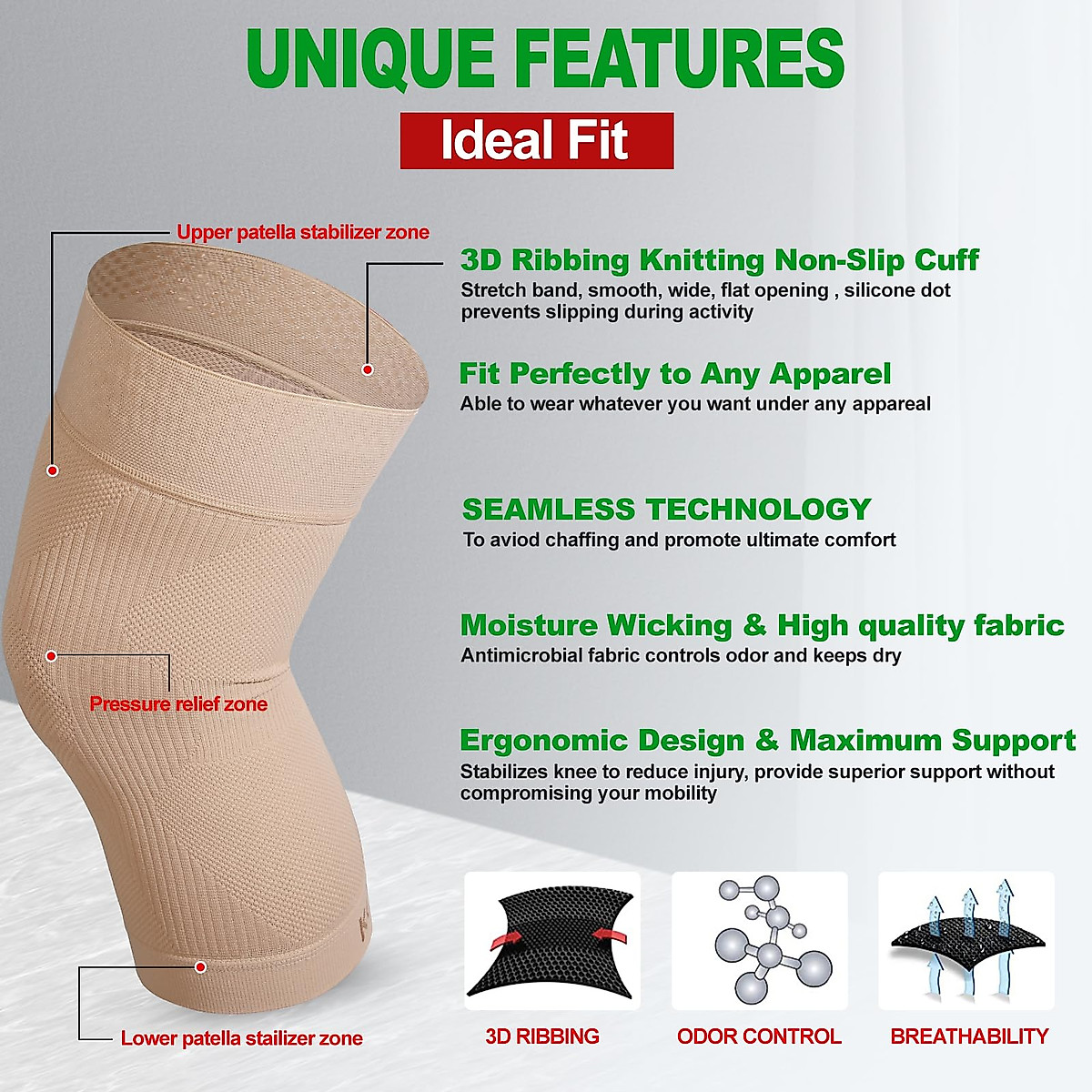 KEKING Orthopedic Brace for Tendinitis, Arthritis, ACL, MCL, Injury Recovery, Meniscus Tear, Knee Pain, Aching Knees, Patellar Tendonitis and Arthritis, Knee Compression Sleeves 2 Pack, Beige L